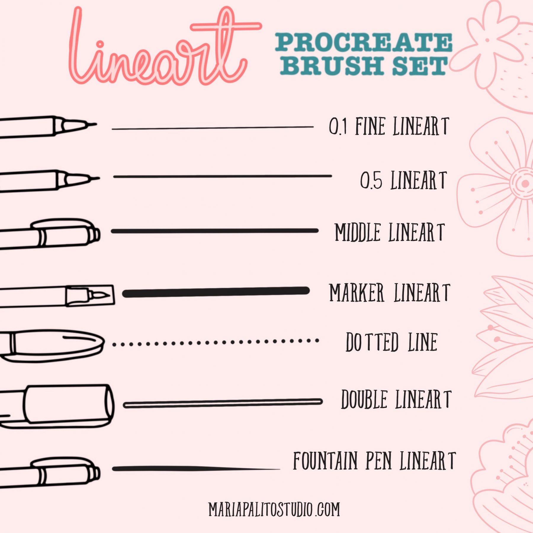 12 Lineart Procreate Brushes, Inking Brush Set - MariaPalito Studio