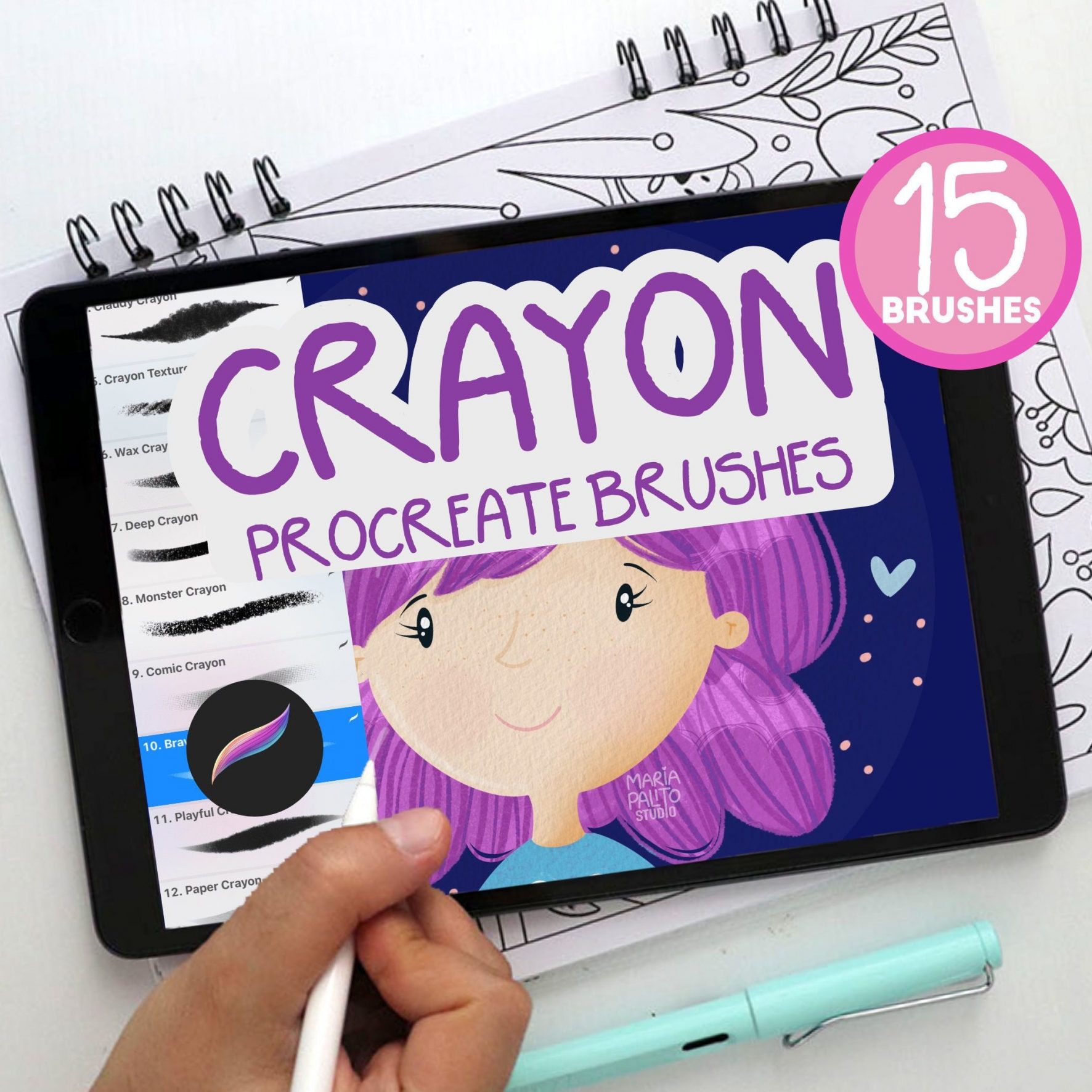 15 Procreate CRAYON BRUSHES, Texture Drawing Brushes – MariaPalito Studio