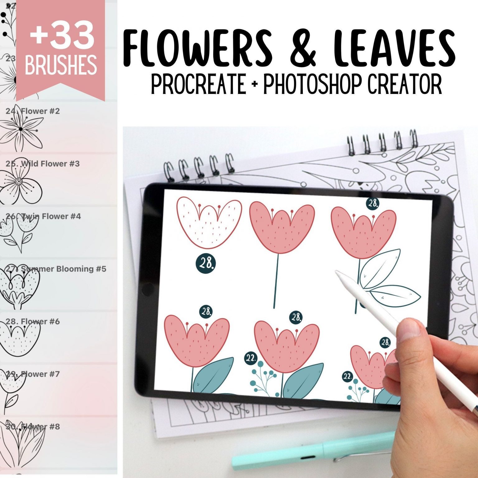 33 Procreate Flower and Leaves Stamp Brush Set M009 – MariaPalito Studio