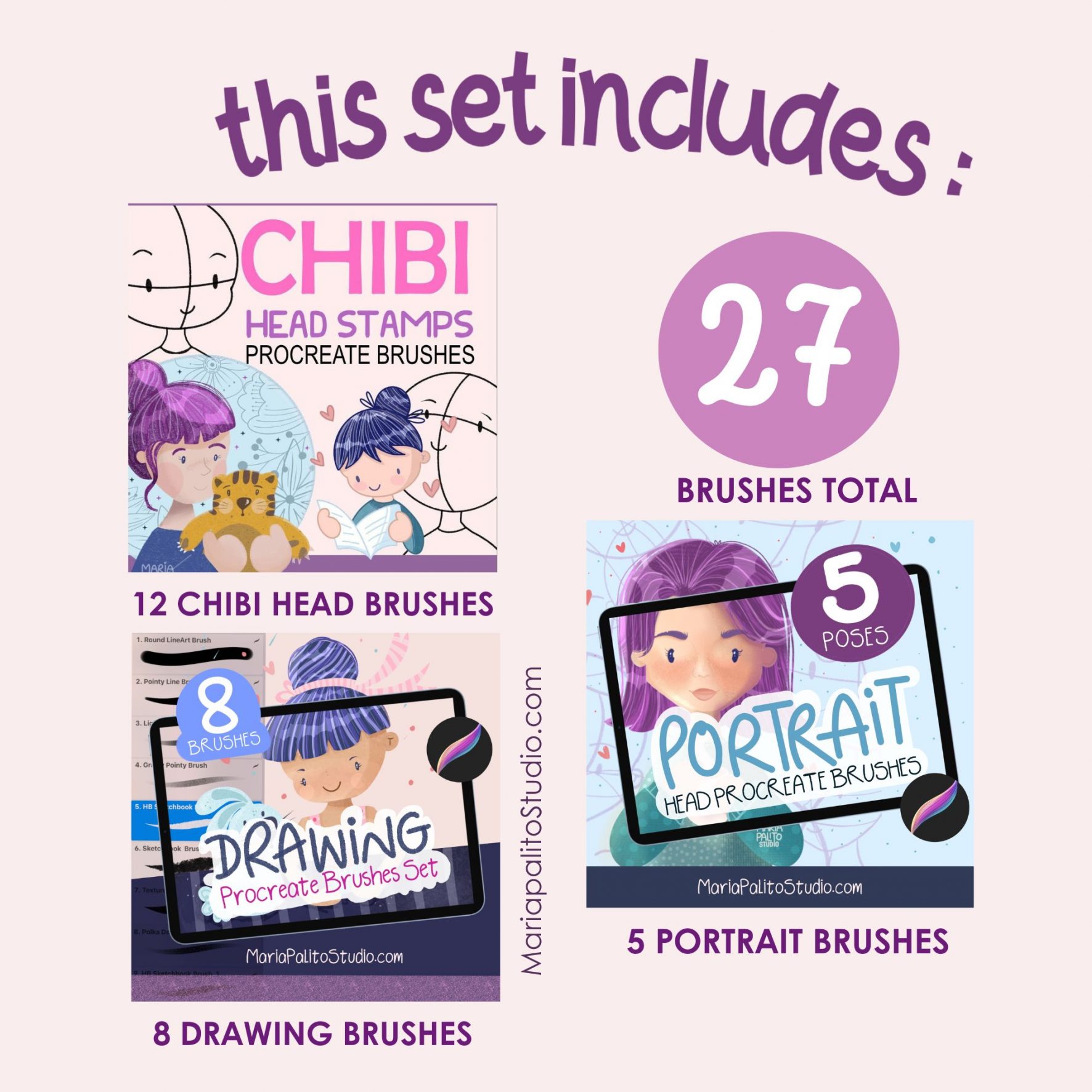 27 Procreate Chibi Head Drawing Set Cartoon M024 - MariaPalito Studio