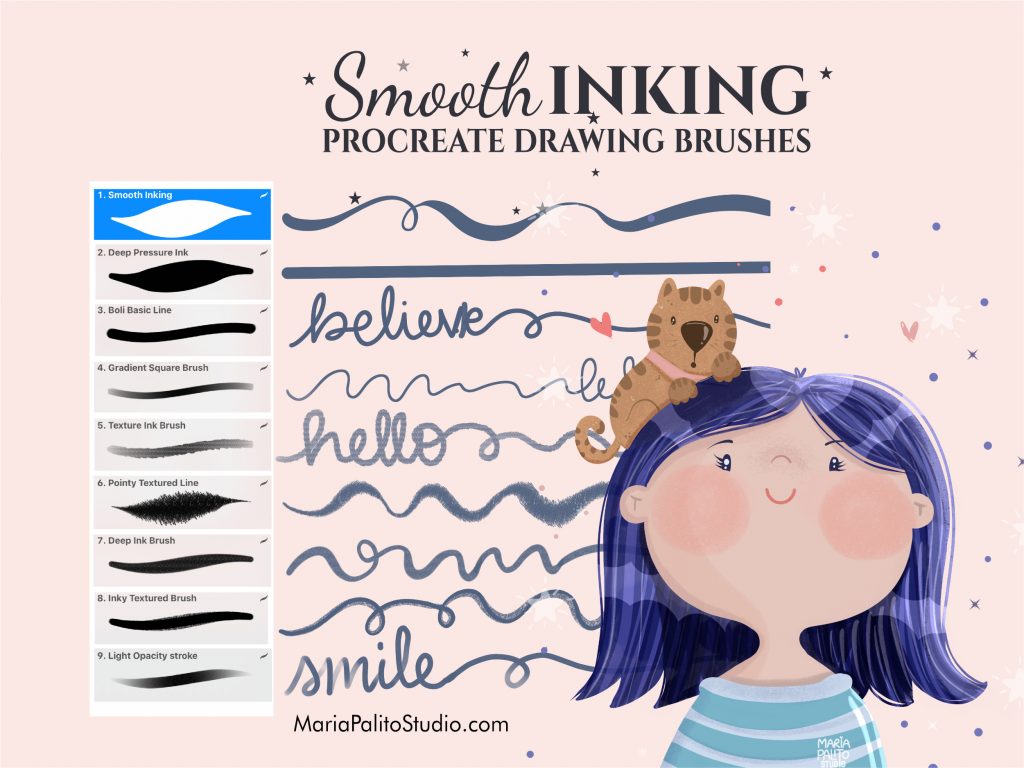15 INKING Procreate Brushes Set Smooth Inking M042 – MariaPalito Studio